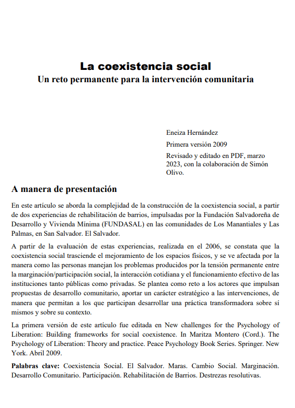 La Coexistencia Social. Un reto permanente para la intervención comunitaria